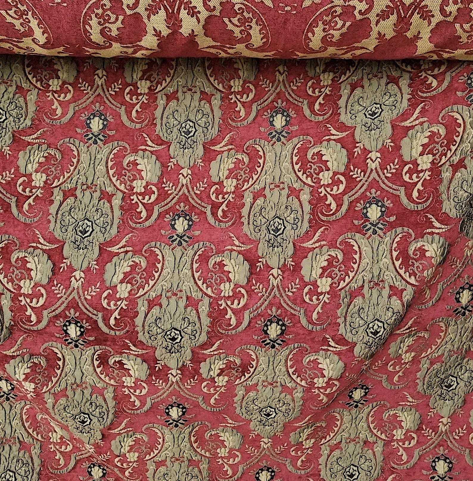 Chenille BAROQUE UPHOLSTERY Fabric Jacquard Damask, 58" wide ,color Re ...